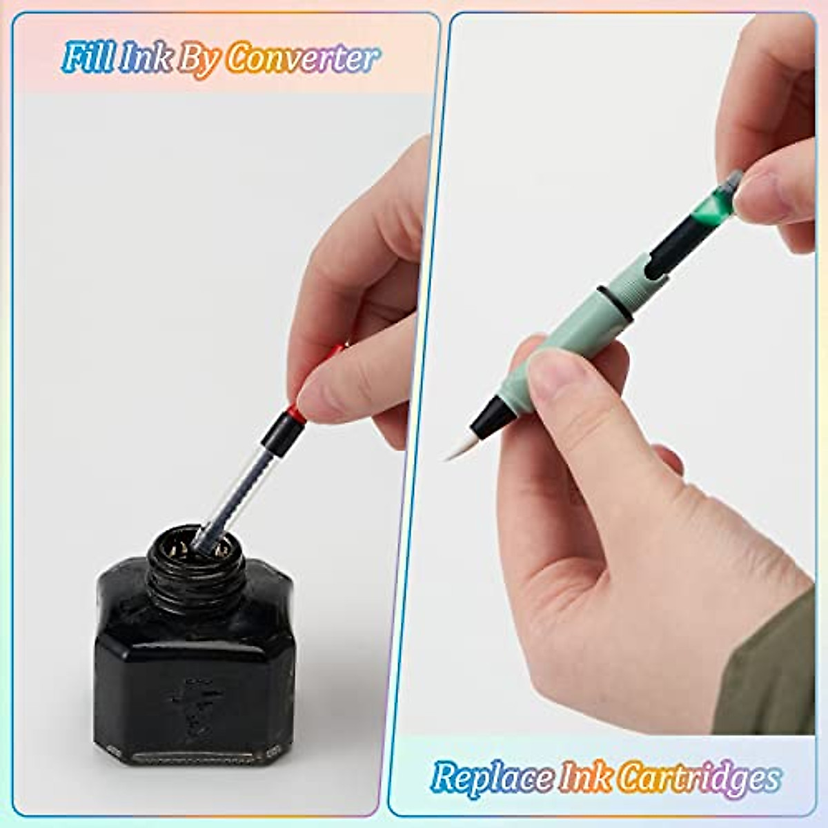 Maikedepot Calligraphy Brush Pens, 6pcs Calligraphy Pen Set Fountain Hand Lettering Pens Fibre Tip with Ink Refill Converter and 48 Ink Cartridges for Beginner and Professional Artists