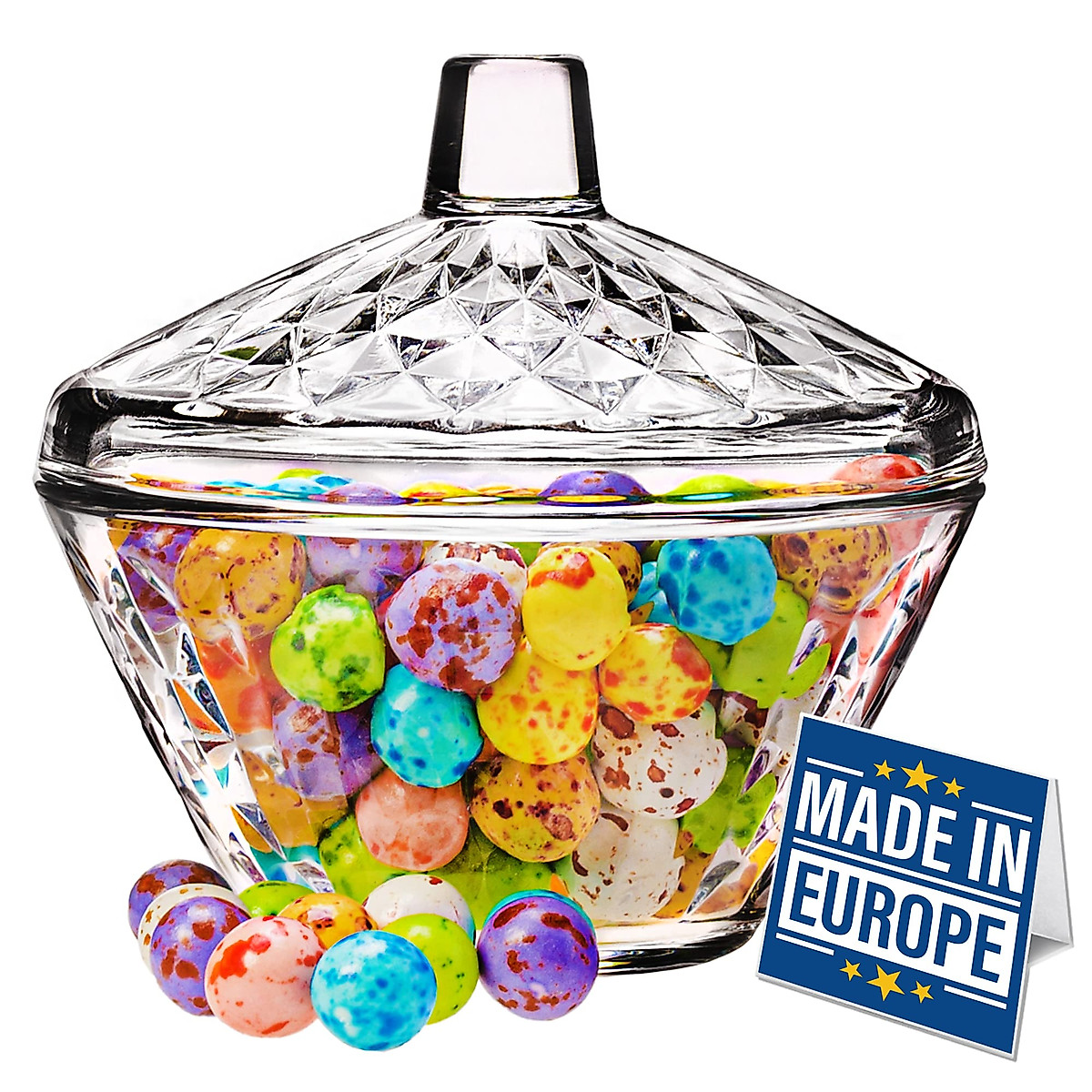 Crystalia Decorative Glass Candy Jar with Lid, Crystal Cut Small Candy Dish for Office Desk or Home, Cute Glass Sweet Cookie Container, Elegant Candy Service Buffet, Glass Sugar Canister