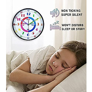Telling Time Teaching Wall Clock, Silent Movement, Educational Wall Clock, Makes Kids Learning Time Faster and Fun. Its Perfect for Parents and Teachers, Decorate Kids Bedroom or Classroom,Black