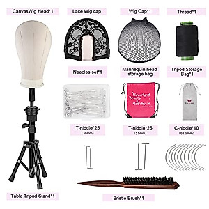 23 Inch Wig Head,Wig Stand Tripod with Head,Canvas Wig Head,Mannequin Head for Wigs,Manikin Canvas Head Block Set for Wigs Making Display with Wig caps,T Pins Set Bristle Brush