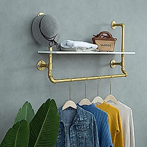 BOTAOYIYI Gold Clothing Rack, 40 inch Industrial Pipe Clothing Rack, Hanging Garment Clothes Wall Mounted with Shelves Shelving Rod White for Boutiques Retail Laundry Room Bedroom(39.4x9.8x19.7)