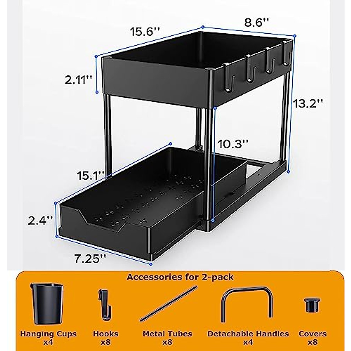 2 Tier Under Sink Organizer, 2 Pack Sliding Bathroom Organizer with Hooks, Hanging Cups, Handles - Multi-purpose Cabinet Organizer for Bathroom Kitchen