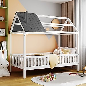 HomSof Twin House Beds Wood Bed Frame Kids Platform Bed with Pine Wood Roof, Fence-Shaped Guardrails, Cabin Bed for Children Kids, Teens, White|Grey, Twin