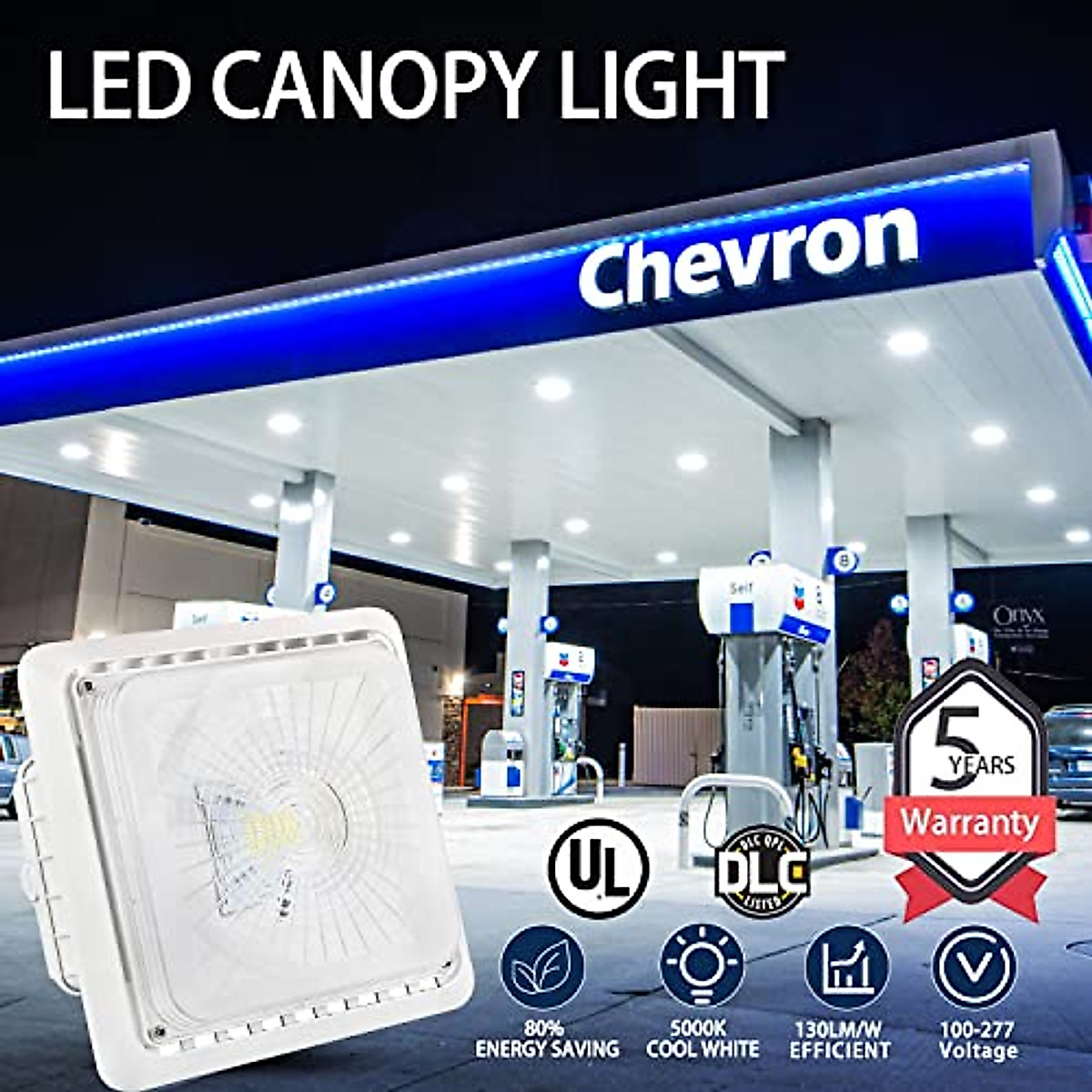 OSTEK 55W LED Canopy Light 7150Lm, 5000K Outdoor Garage Light Fixture for Parking Garage Ceiling Lighting 9" x 9", 175-240w HPS/MH Equiv. 100-277VAC IP65 Waterproof, 5 Years Warranty, UL&DLC Listed