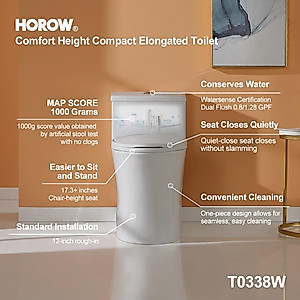 HOROW T0338W Compact One Piece Toilet with Comfort Chair Seat ADA Height 17.3", Elongated Dual Flush 0.8/1.28 GPF and MAP 1000g, Standard White Toilet Bowl