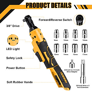 Daspom Cordless Ratchet Wrench 3/8", Electric Ratchet Wrench for DEWALT 20V MAX Battery, 45Ft-Lbs 320RPM with Variable Speed, 3/8" to 1/4" Sealed Head Ratchet, Bare Tool Only