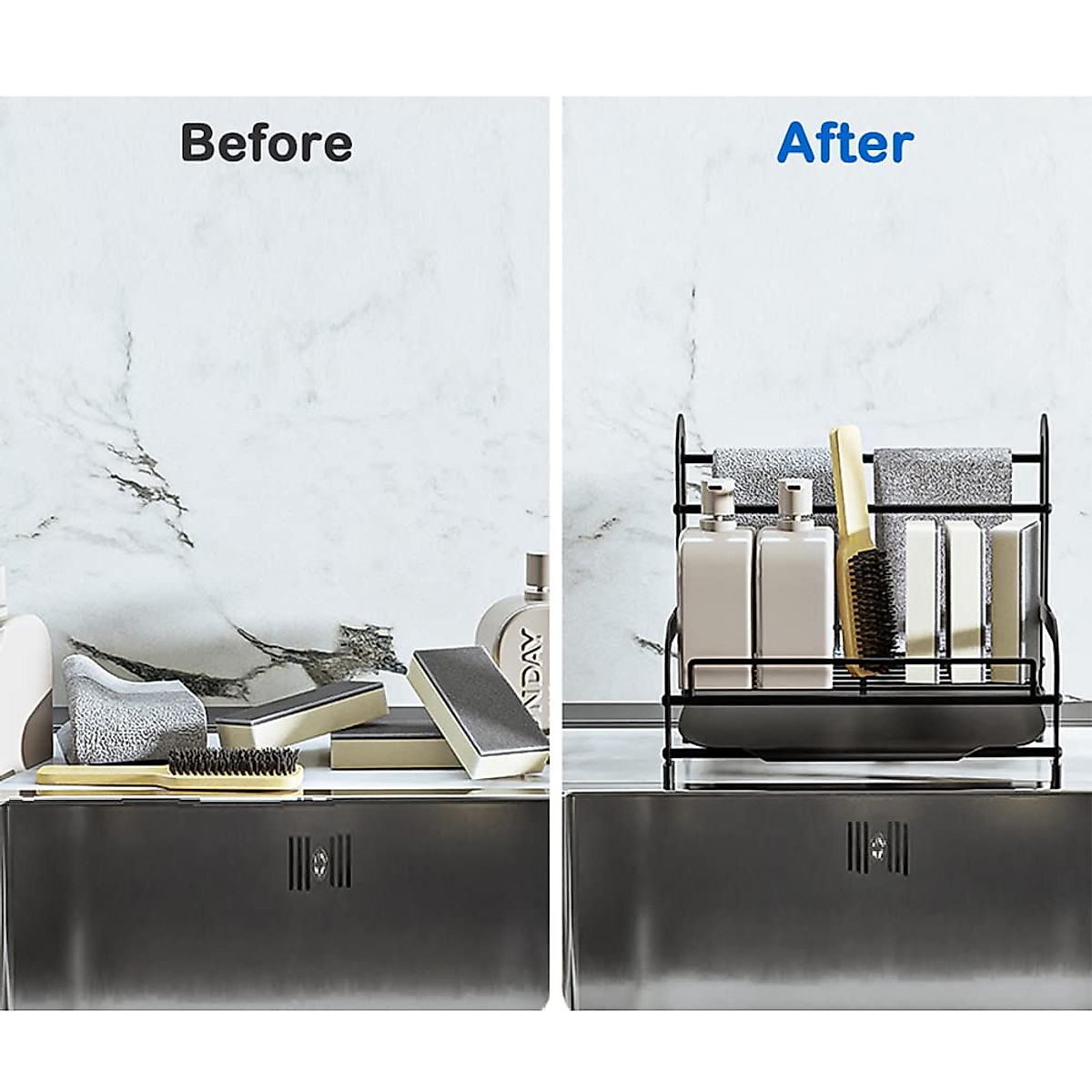 KINGBERWI Sponge Holder Kitchen Sink Caddy Organizer, Sponge Dish Soap Holder with Auto Drain Tray, Kitchen Countertop Organizer for Sponges Brush and Cleaning Towel, Black