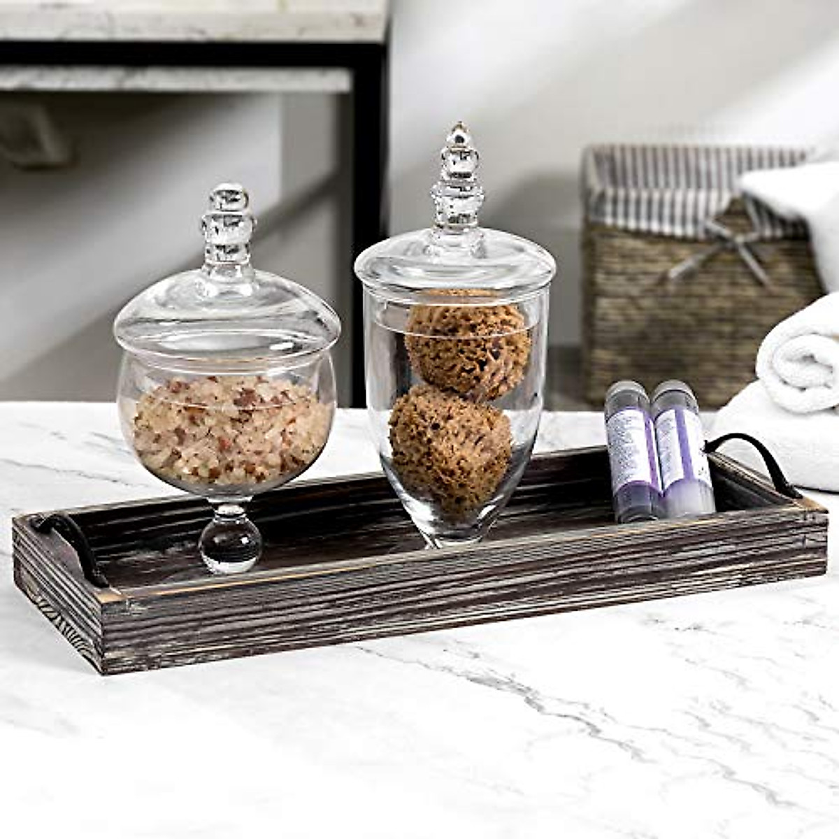 MyGift 16 Inch Rustic Torched Wood Toilet Tank Tray Organizer Storage Countertop Jewelry and Vanity Tray with Black Metal Handles