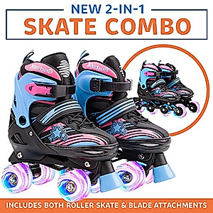 Xino Sports 2 in 1 Combo, Kids Roller Skates and Roller Blades - Interchangeable Light Up Skates for Kids Ages 6-12 with LED Wheel Lights, Inline Skates for Girls & Boys, Adjustable Roller Blades