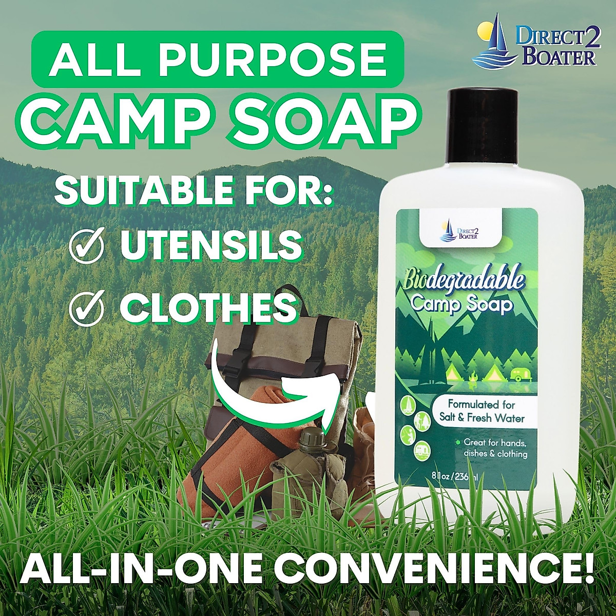Biodegradable Camping Soap - 8 Ounce Unscented All Purpose Camping Soap Containing No Dyes or Fragrances - Formulated Camping Hand Soap and Backpack Soap - Camp Wash and Outdoor Soap for RVs and Camps