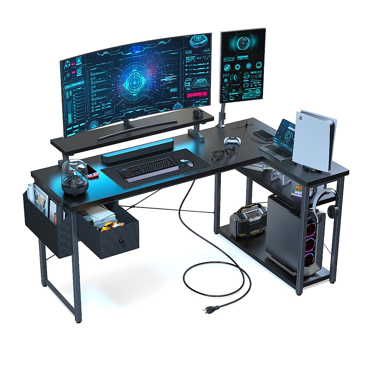 DOMICON L Shaped Gaming Desk, 55 Inch Computer Desk with Adjustable Stand & RGB Lights, Corner Desk for Power Outlet, Carbon Fiber Texture, Gaming Room