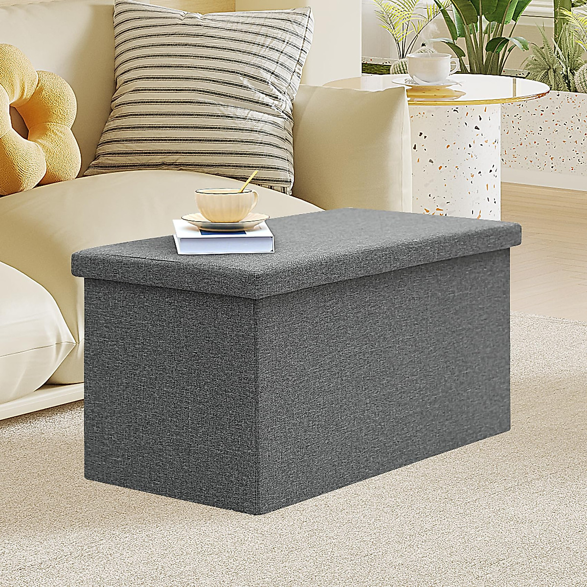 PINPLUS Folding Storage Ottoman Bench, Grey Storage Ottoman with Lid Tray, 30 inches Ottoman Coffee Table Cube Chair Foot Rest Stool Storage Toy Chest for Living Room Bedroom, Holds up to 550 lb