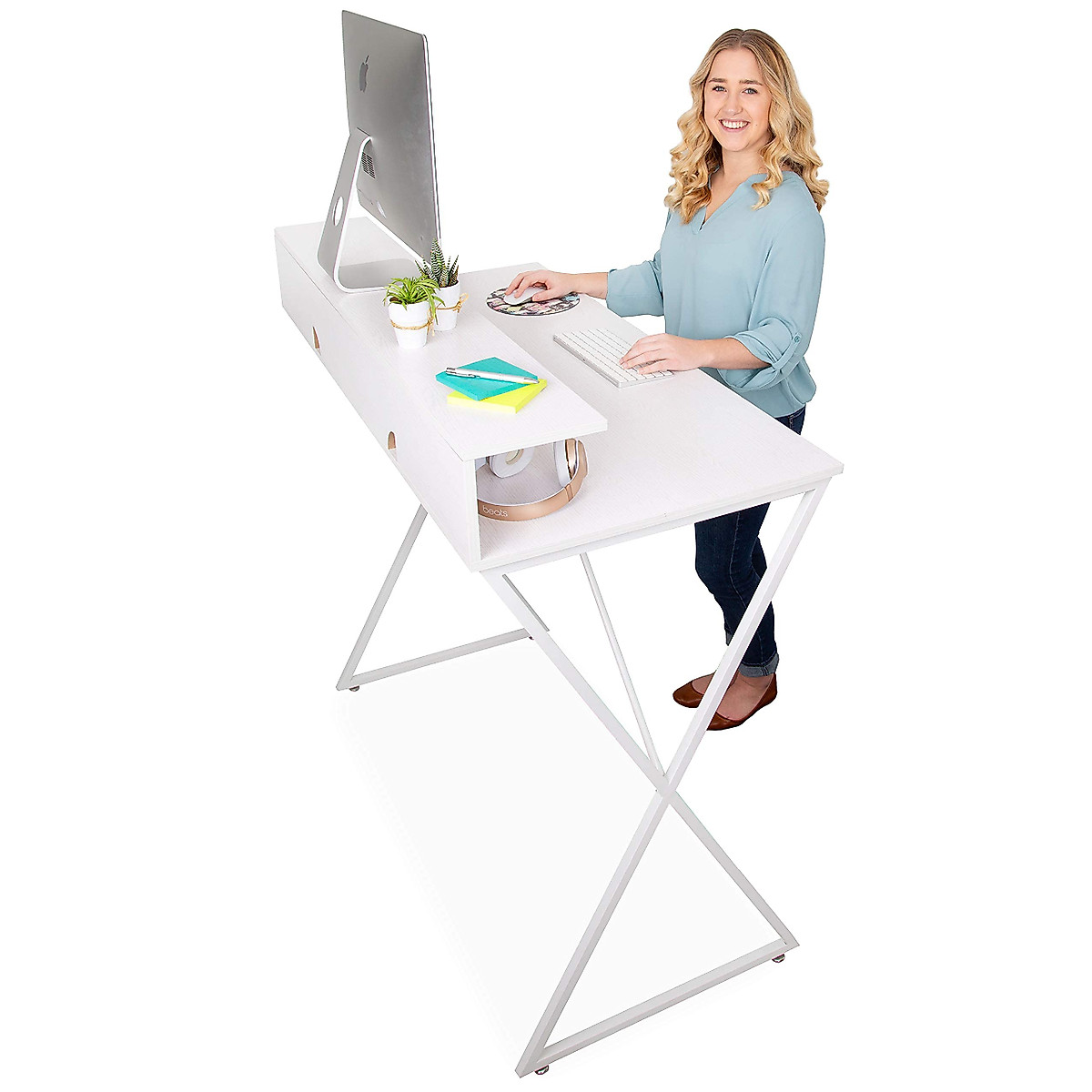 Stand Steady Joy Standing Desk | Pretty Standing Desk with Shelf & Built-in Storage Cubbies | Modern Stand Up Workstation | Tall Desk & Reception Table for Home, Dorm & Office (White / 48in x 42in)