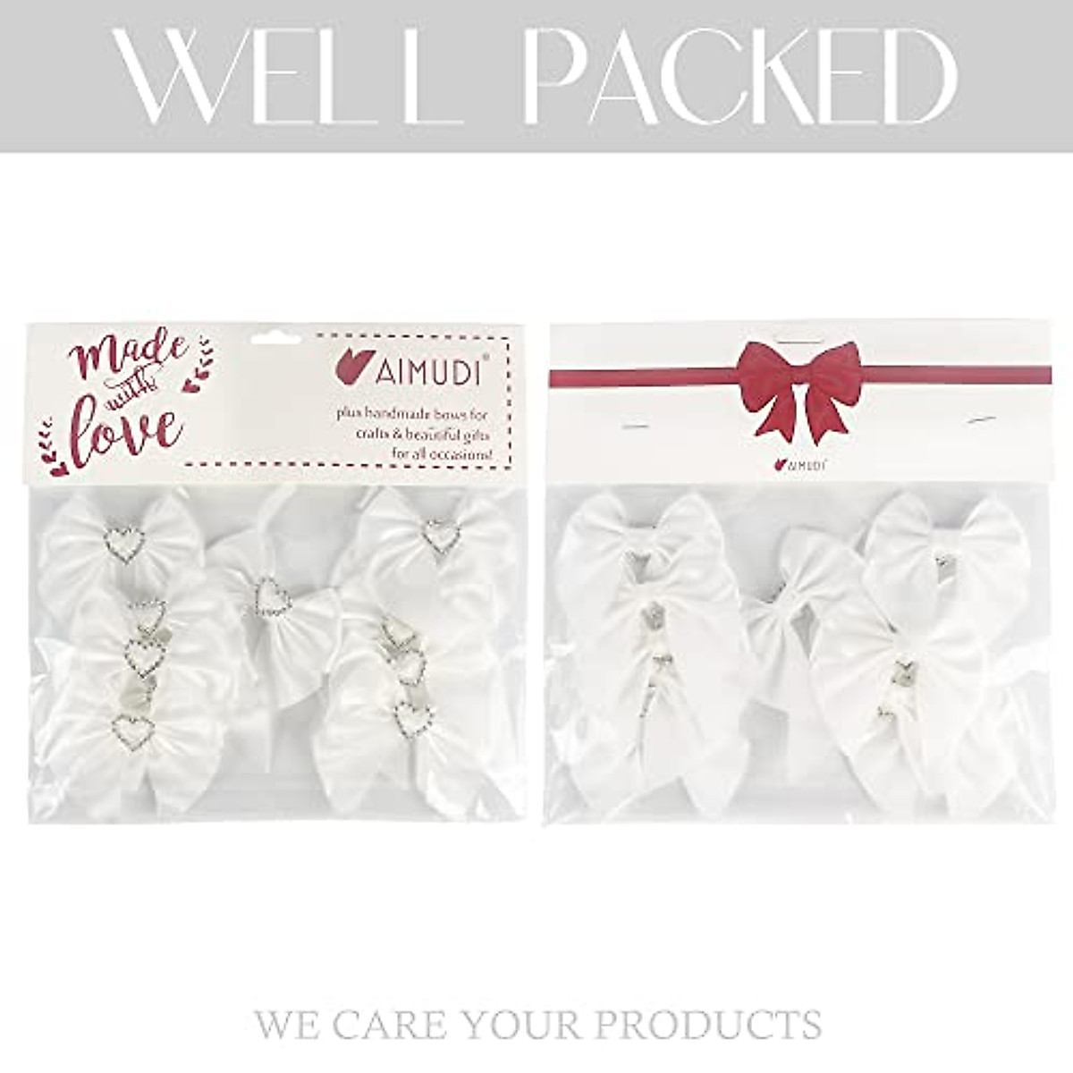 AIMUDI White Bows Satin Ribbon Rhinestone Bows 3" Premade Sparkle Bows with Gems Pre-Tied Craft Bows with Rhinestone Gift Bows for Wedding Sewing Crafts Gift Wrapping Baby Shower - 12 Counts