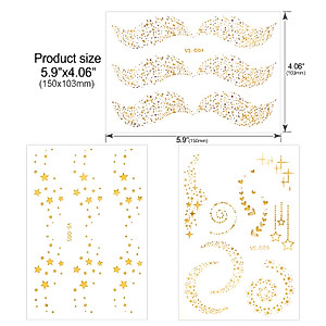 Konsait 7sheets Face Tattoo Sticker Metallic Temporary Transfer Tattoo Waterproof Face Jewel s for Women Girls Make Up Dancer Costume Parties, Shimmer Glitter Designs Gold Tattoos