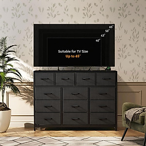 ODK Dresser with Charging Station, 57-Inch Long Dresser for Bedroom, Large Dresser TV Stand with 13 Storage Drawers, Fabric Dresser Chest of Drawers, Black