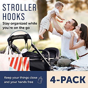 Maplefield Baby Stroller Hooks with Large Carabiner Clip - 4 Pack - Great for Organizing Diaper Bags, Purses, and Shopping Bags - Easy-to-Attach Design for On-The-Go Parents - Stroller Accessories