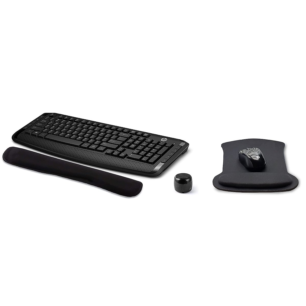 HP Wireless Keyboard and Mouse 300 PC Accessories Bundle with Waverest Gel Pads and Micro Bluetooth Speaker with Professional Sound, Built-in Mic and Remote Selfie Shutter