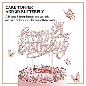 LOLtime 21st Birthday Decorations for Her, Including 21st Birthday Crown, Cake Topper, Tiara, Sash, Butterfly Decorations, Happy Birthday Candles, 21st Birthday Gifts for Her