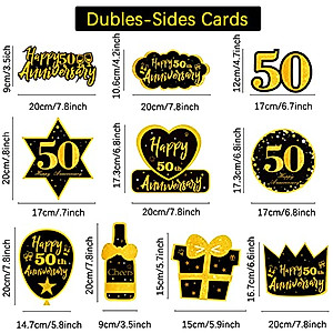 DARUNAXY 50th Wedding Anniversary Decorations Kit, Happy 50th Anniversary Black Gold Glitter Banner for Women, 6PCS Poms, 10PCS Hanging Swirls for Cheer to 50 Anniversary Party Supplies for Men(17PCS)