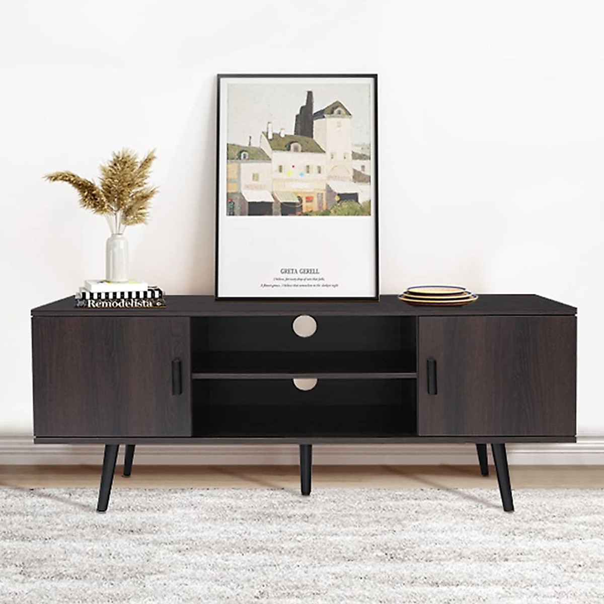 Iwell TV Stand for 55 inch TV, Mid Century Modern TV Stand with Storage, Entertainment Center with 2 Cabinet & 2 Shelves, Retro TV Console Table for Living Room, Bedroom, Black Oak