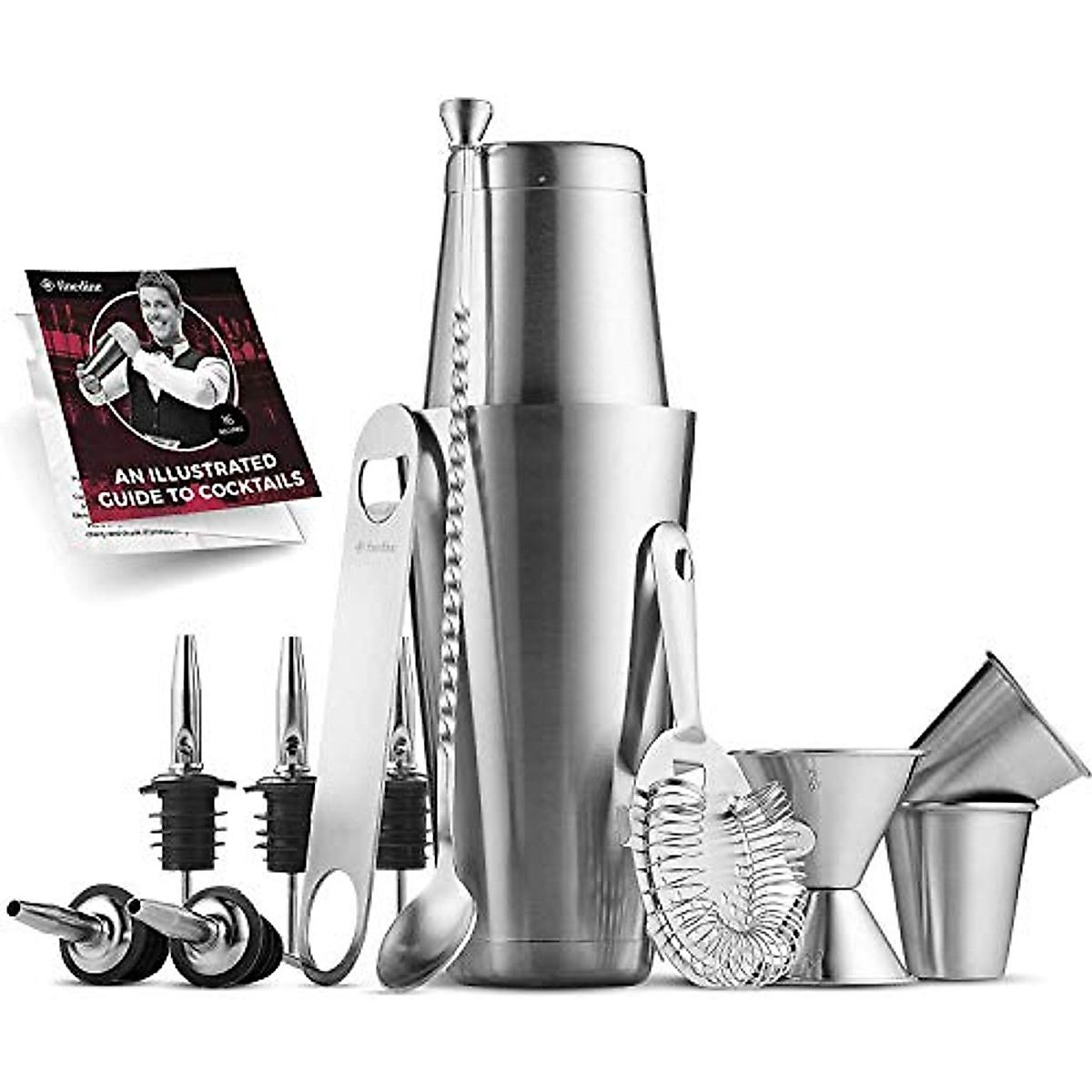 FineDine 14-Piece Cocktail Shaker Set Bartender Kit - Boston Shaker w/Strainer, Bar Jigger, Bar Spoon & More - Full Stainless Steel Cocktail Set w/Bar Tools - Drink Mixer Bar Set - Bar Accessories
