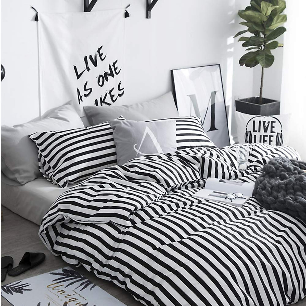 CLOTHKNOW Striped Queen Comforter Set 3Pcs Black White Bedding Comforter Sets Farmhouse Comforter Queen with 2 x Pillowcases