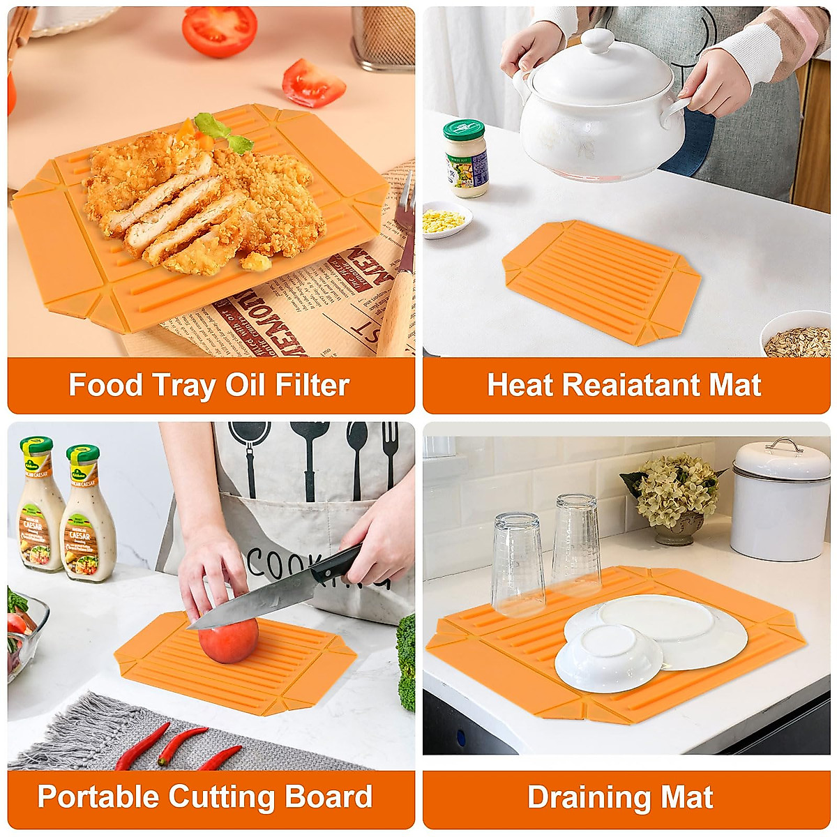 Silicone Collapsible Food Storage Containers, From 2D to 3D in 1 Sec, Reusable Dinner Plates for Camping, Hiking, Kitchen, Meal Prep, Snack, barbecue, with Lids (Orange)