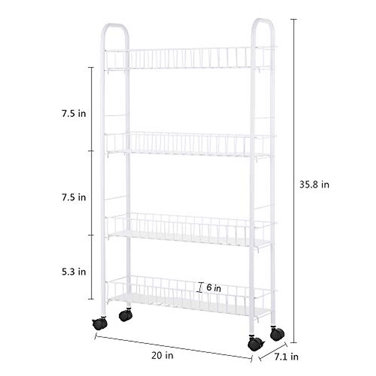 4 Tier Slim Slide Out Storage Rack, Kitchen Gap Shelf with Wheels Storage Basket for Bathroom Home Organizer Storage Shelf for Narrow Spaces, White