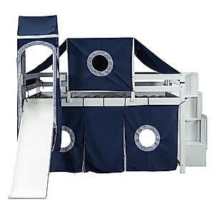 RORIGAT Full Size Loft Bed with Tent and Tower,Castle Low Loft Bed with Slide and Storage Staircase,Wood Bunk Bed Frame with Roof and Fence Shaped Guardrails for Bedroom,Blue