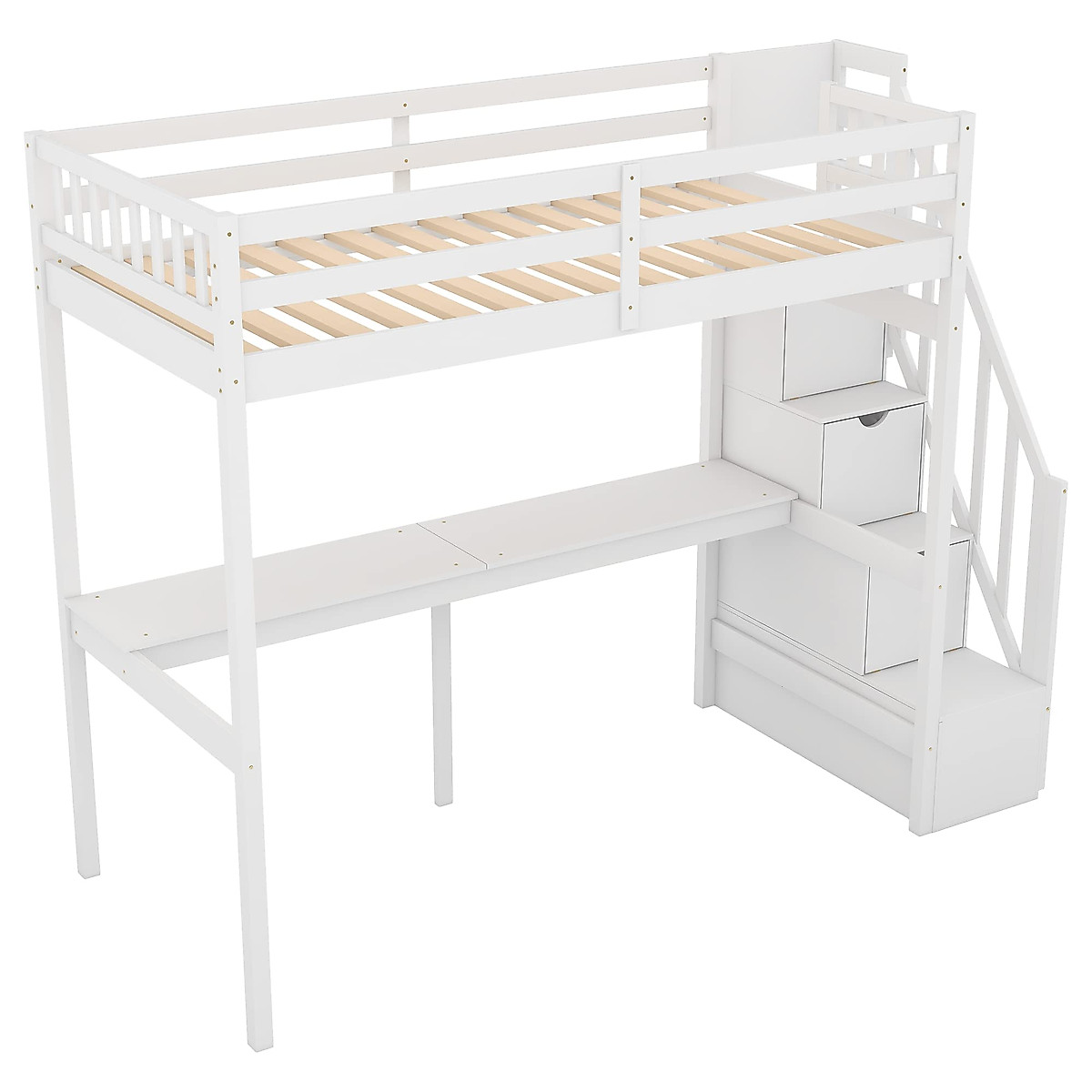 CITYLIGHT Twin Size Loft Bed with Stairs and Desk, Wood Twin Loft Bed with Storage Staircase, Kids High Loft Bed Twin for Girls, Boys, Bedroom, Dorm, No Box Spring Needed (Loft Bed Twin Size, White)