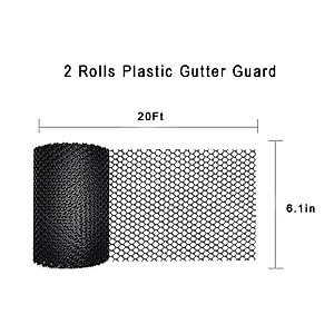 2-Pack Plastic Gutter Guard Mesh Roll 6” x 20Ft Rain Gutter Leaf Guard-Stop Clogged Gutters-with 20 Clip Fixed Hooks.DIY Gutter Protection.