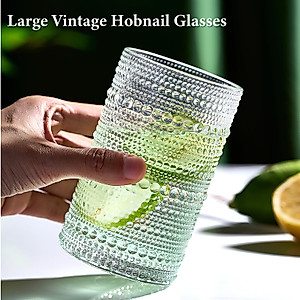 Mfacoy Large Vintage Hobnail Drinking Glasses Set of 6, 14 oz Cocktail Glasses,Highball Glasses, Embossed Glass Cups, Clear Water Tumbler, Glassware for Beer, Juice, Cocktail, Whiskey, Milk