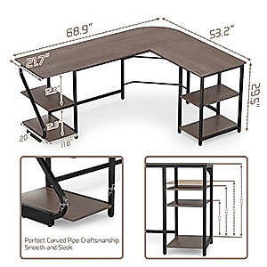 Merronix L Shaped Computer Desk with Shelves, Reversible Gaming Corner Desk, Modern Home Office Desk PC Workstation Space Saving, Dark Brown