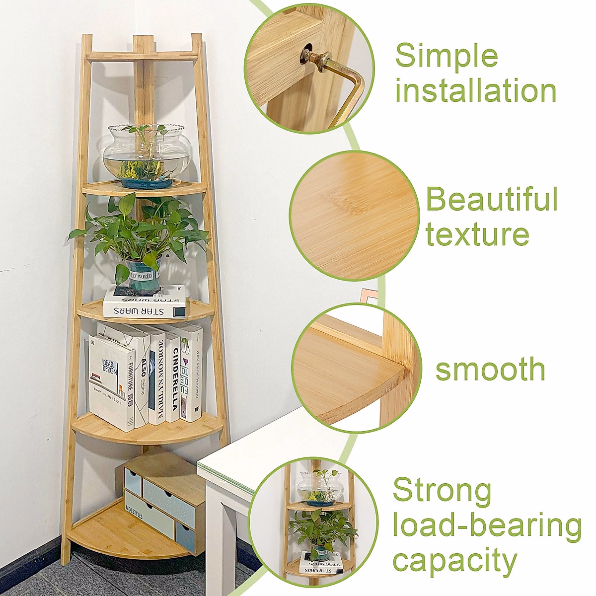 OUTREE Bamboo Corner Shelf, Upgraded Corner Shelf, Tall Corner Shelf Stand, 5 Tier Bookshelf with Versatile Shelving Unit for Living Room, Bedroom, Office, Bathroom, Easy to Store