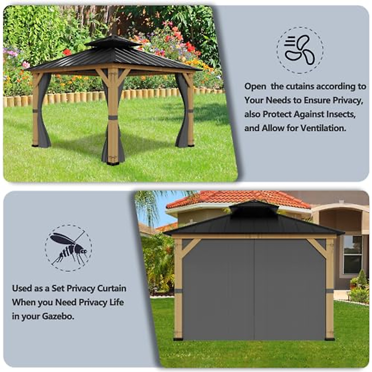 10-ft x 12-ft Gazebo Curtains,Privacy Replacement Sidewall 4-Panel Universal Shade Curtains Set,Protecting Side Walls (Only Curtain)-Grey