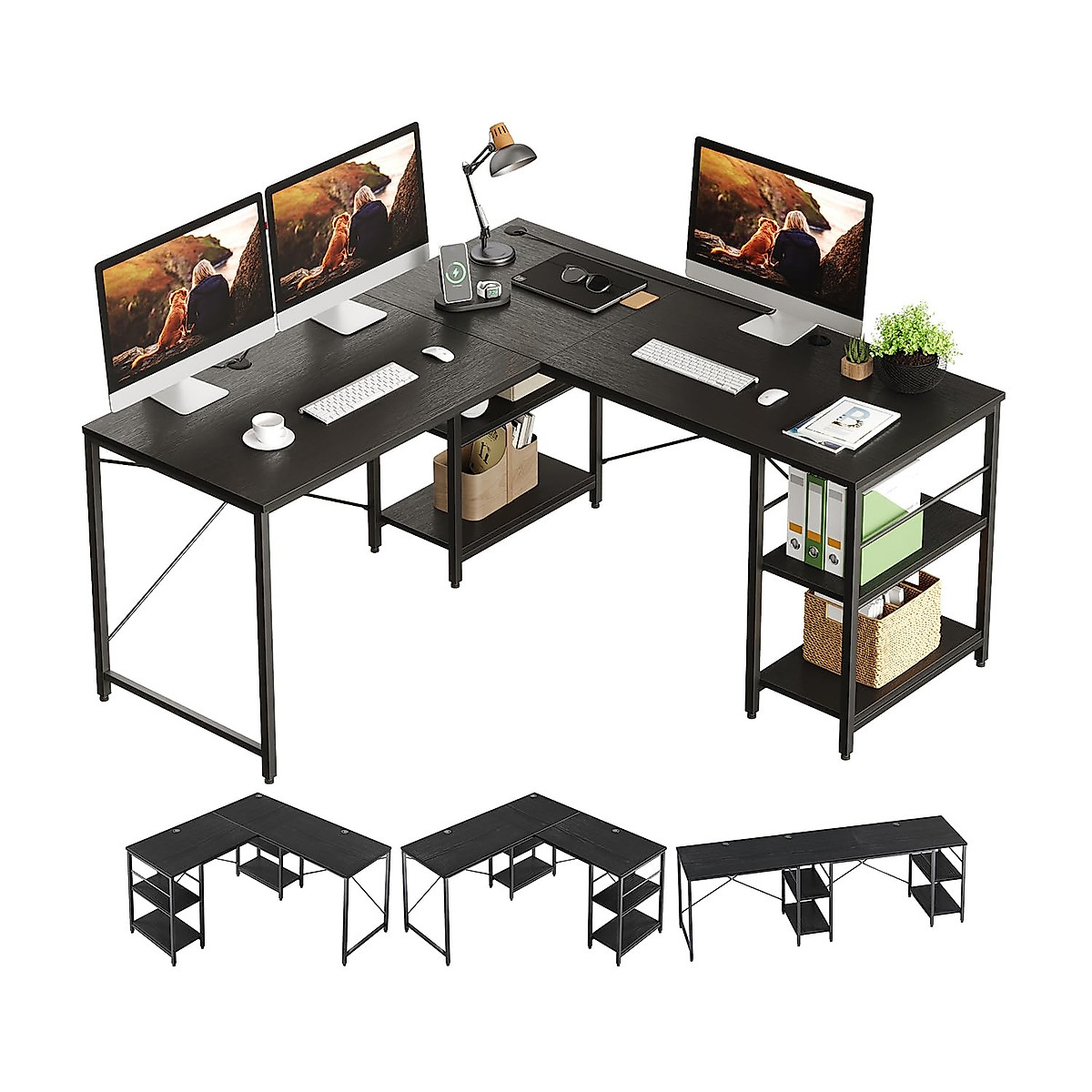 Bestier 95.2” L Shaped Desk, Reversible Corner Computer Desk or 2 Person Long Table with Adjustable Shelves, Large Writing Study Workstation with 3 Cable Holes - Black