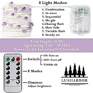 LUSHARBOR Crystal String Lights Indoor Battery Operated, Natural Fluorite String Lights, Amethyst Raw Stones Decorative Lights 9.8ft 30 LEDs String Lights for Bedroom Party Christmas Wedding Decor