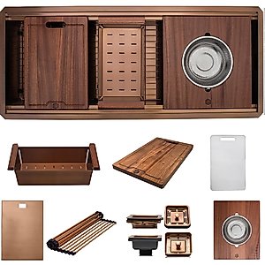 Strictly Sinks 45” Copper Workstation Sink - 16 Gauge 45 Inch Stainless Steel Sink - 2-Tier Undermount Kitchen Sink with 2 Square Strainer Drains, 1 Disposal Adapter, & 6 Workstation Sink Accessories