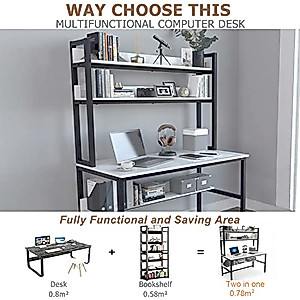 Aquzee Computer Desk with Hutch and Bookshelf, 47 Inches White Home Office Desk with Space Saving Design, Metal Legs Table Desk with Upper Storage Shelves for Study Writing/Workstation, Easy Assemble