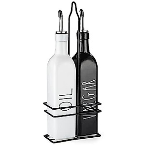 Brighter Barns Farmhouse Oil and Vinegar Dispenser Set Black & White Olive Oil Dispenser Bottle with Caddy Holder & Stainless Steel Spout - Cute Modern Vintage Glass Cruet for Kitchen -500ml 17oz