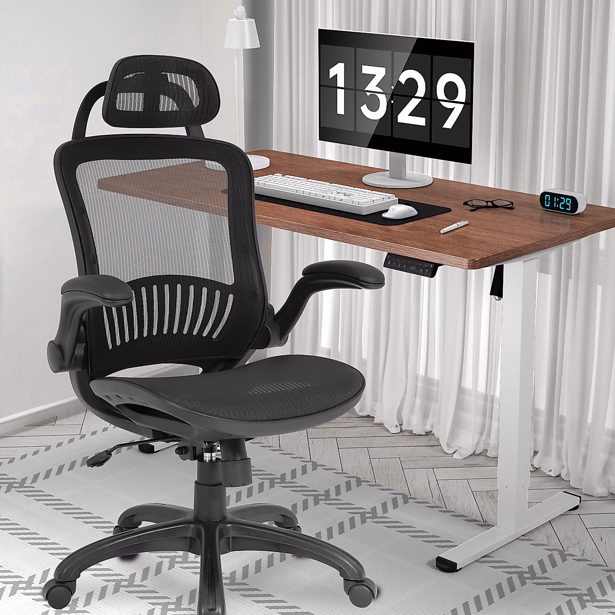 PayLessHere Ergonomic Office Chair Computer Chair High-Back with Rolling Swivel Desk Mesh Chair with Lumbar Support,Headrest,Flip-Up Arms and Adjustable Features (Black)