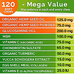 GOODGROWLIES Hemp Hip & Joint Supplement for Dogs Glucosamine, Chondroitin, MSM, Turmeric, Hemp Seed Oil & Hemp Protein for Joint Pain Relief & Mobility 120 Soft Chews Bacon Flavor