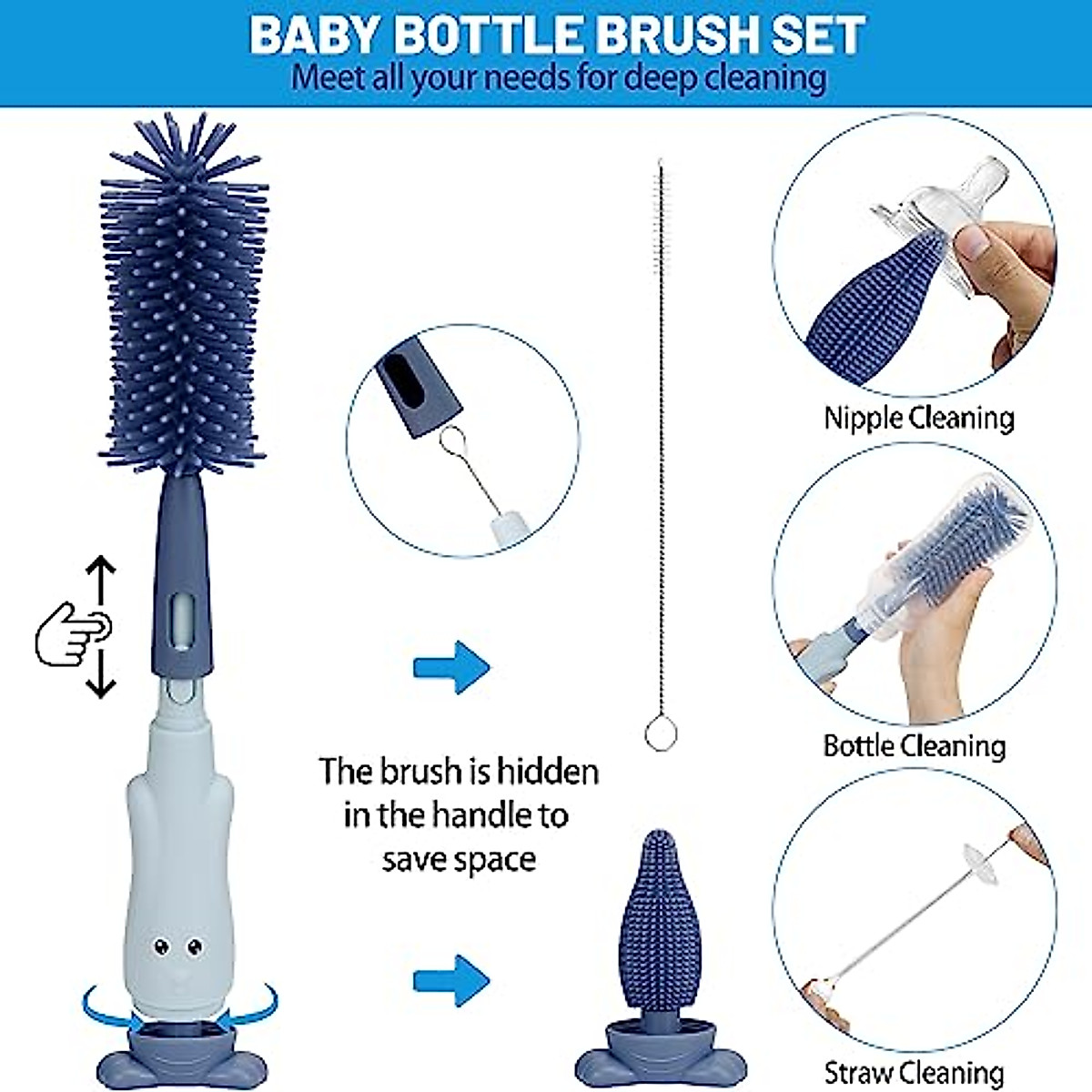 Baby Bottle Drying Rack with Bottle Brush Set, Removable Baby Bottle Holder Baby Bottle Rack Dryer and Baby Bottle Brush Cleaner Nipple Cleaner for Baby Accessories Cleaning Drying Bottle Cup (Blue)