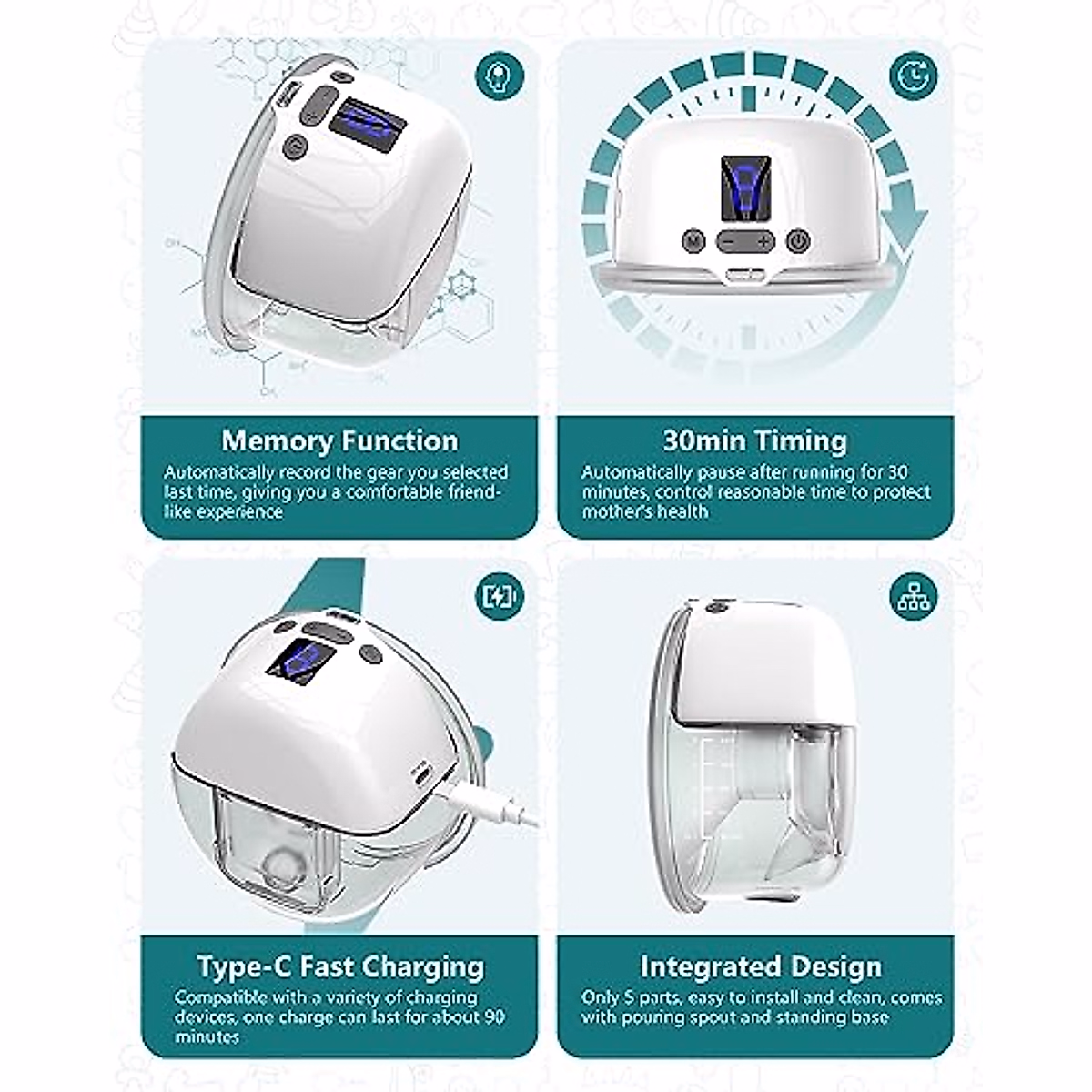 Wearable Breast Pump Hands Free, 4 Modes and 9 Levels, Pain Free and Super Quiet, Long Battery Life, Double Portable Electric Breast Pump with Memory Function, Easy Assemble/Disassemble