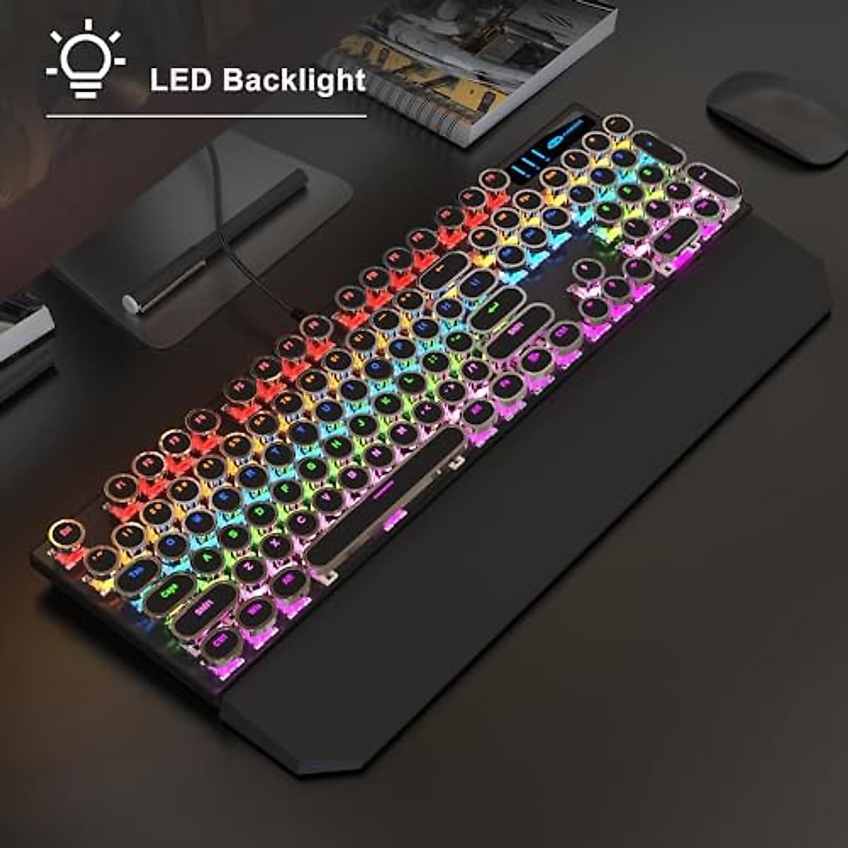 MageGee Typewriter Mechanical Gaming Keyboard, Retro Punk Round Keycaps with RGB Rainbow Backlit USB Wired Keyboards for Game and Office, for Windows Laptop PC Mac - Blue Switches/Black