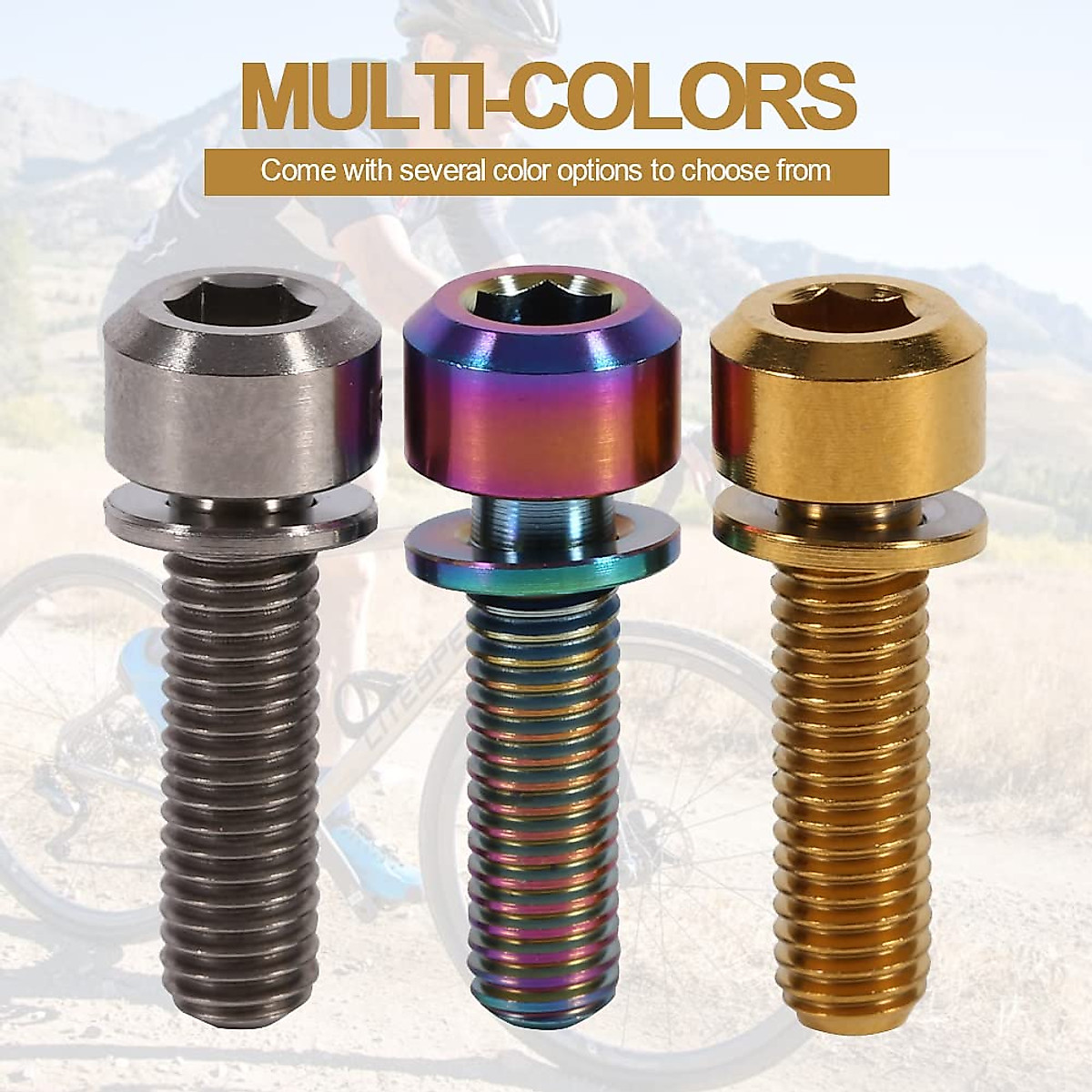 VGEBY Titanium Alloy Hex Tapered Bike Bolt, 6Pcs Stainless Steel Bike Parts Bike Stem Bolt with Washer Screw Bike Stem Bolts Titanium Bolts BMX Accessories (Golden)