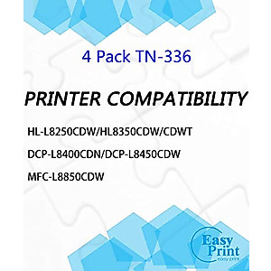 EASYPRINT (4-Pack) Compatible TN336 TN-336 Toner Cartridges Replacement for Brother MFC-L8600CDW L8850CDW 9550CDW L8250CDN 8350CDW 8350CDWT, (1x Black, 1x Cyan, 1x Magenta, 1x Yellow)