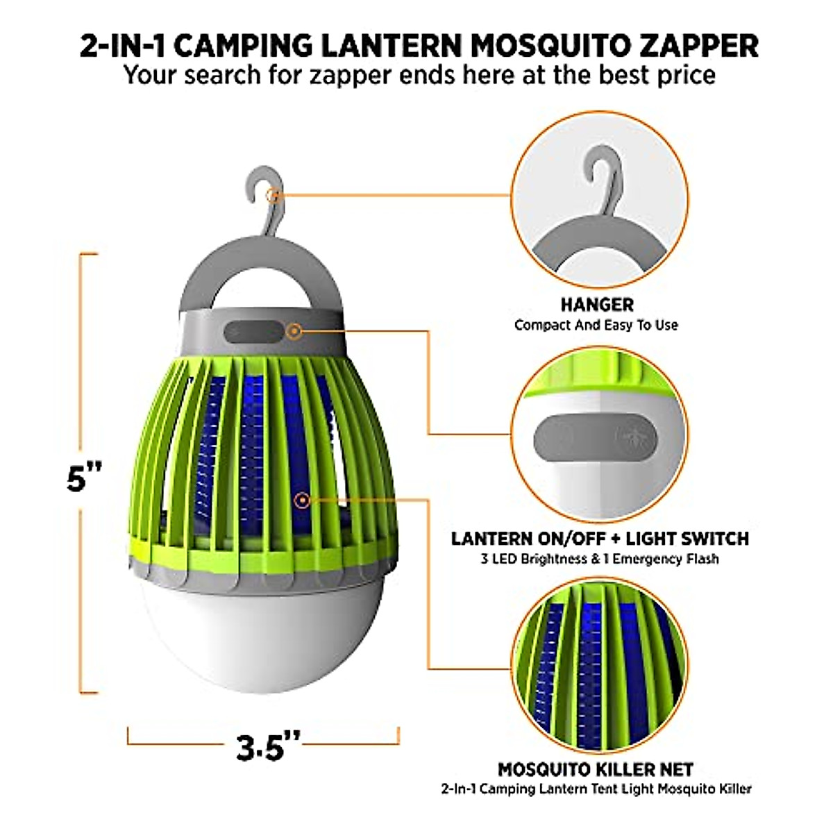 Zapout Camping Lantern Bug Buster Bulb Zapper Tent Light Portable Led and Emergency Lamp with Waterproof Mosquito Repellent Fly Killer USB 2000mAh Rechargeable Battery for Outdoor (Lime Green)