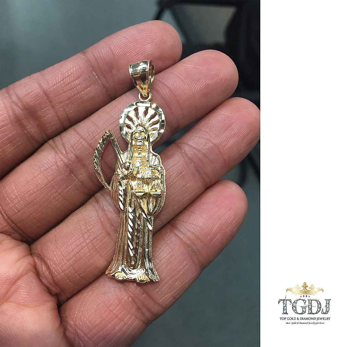 14k Yellow Gold Religious Santa Muerte Pendant - Height 45 MM Width 20 MM Avg. Weight 4.2 grams